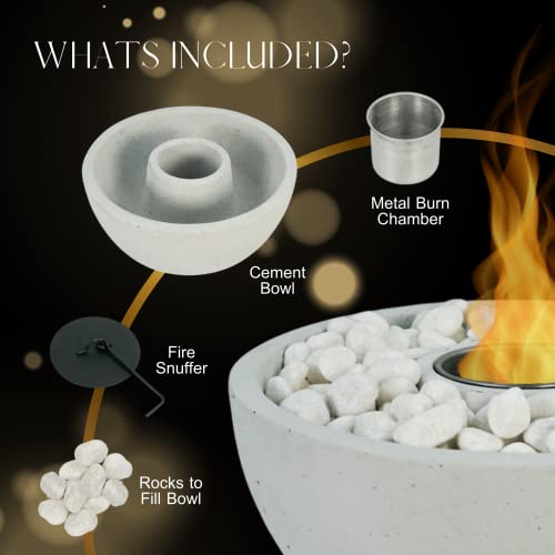 Concrete Tabletop Fire Pit - Smokeless & Odorless Round Ethanol Tabletop Fire Pit - Portable Outdoor & Indoor Smores Fire Pit - Mini Fireplace with Decorative Rocks - Bi Ethanol Fuel