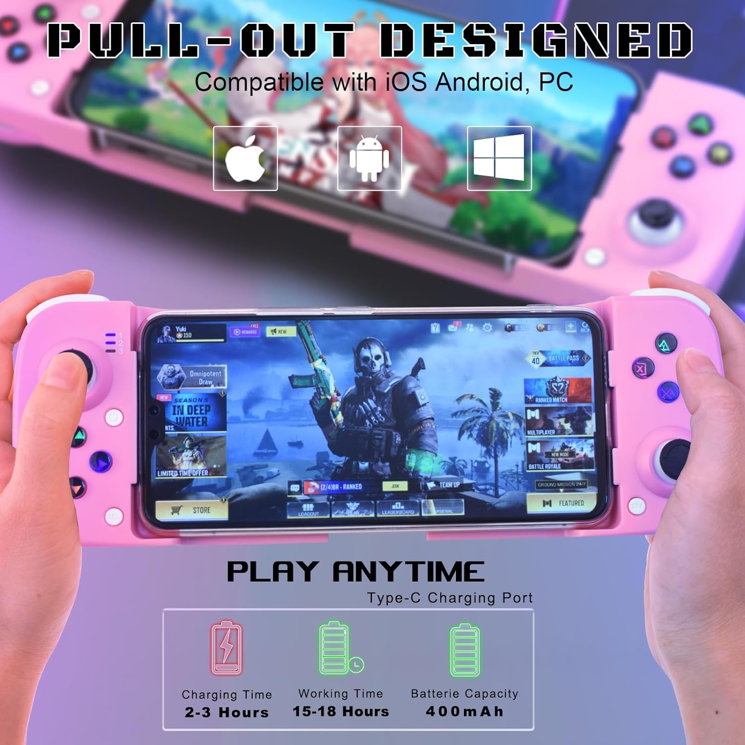 Megadream Mobile Game Controller Gamepad for iPhone iOS Android PC: Works with iPhone 15/14/13/12/11/X, iPad, Samsung Galaxy, TCL, Tablet, Call of Duty, Roblox - Directly Play (Pink)