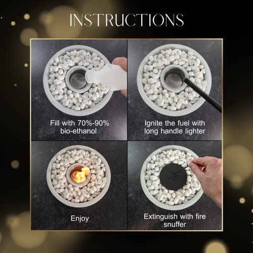 Concrete Tabletop Fire Pit - Smokeless & Odorless Round Ethanol Tabletop Fire Pit - Portable Outdoor & Indoor Smores Fire Pit - Mini Fireplace with Decorative Rocks - Bi Ethanol Fuel