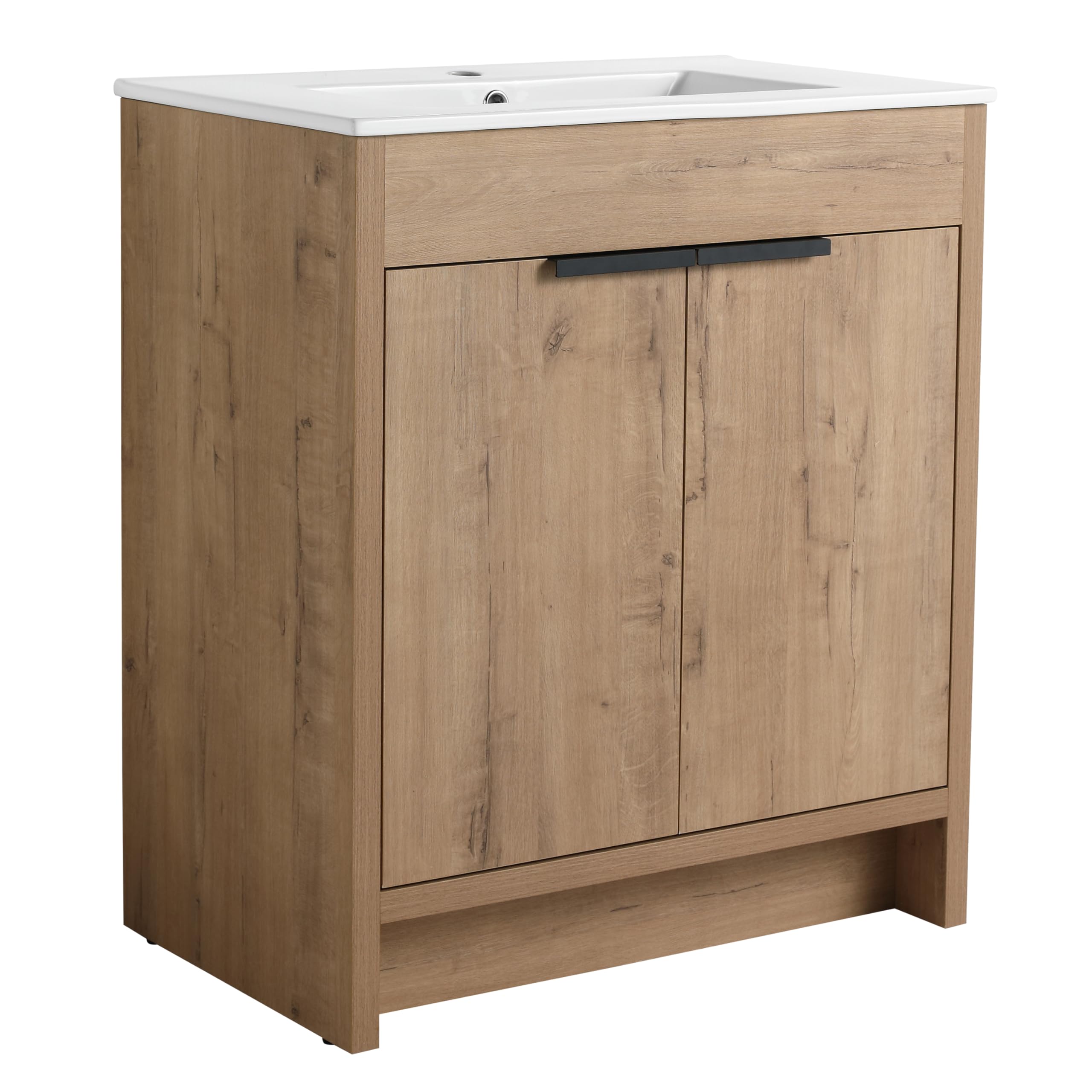 Pvillez 30 inch Bathroom Vanity with Sink Combo, 30" Pedestal Bathroom Vanity Cabinet with Ceramic Basin Sink Top & Soft Close Door, Freestanding Modern Bathroom Vanity for Small Space, Imitative Oak