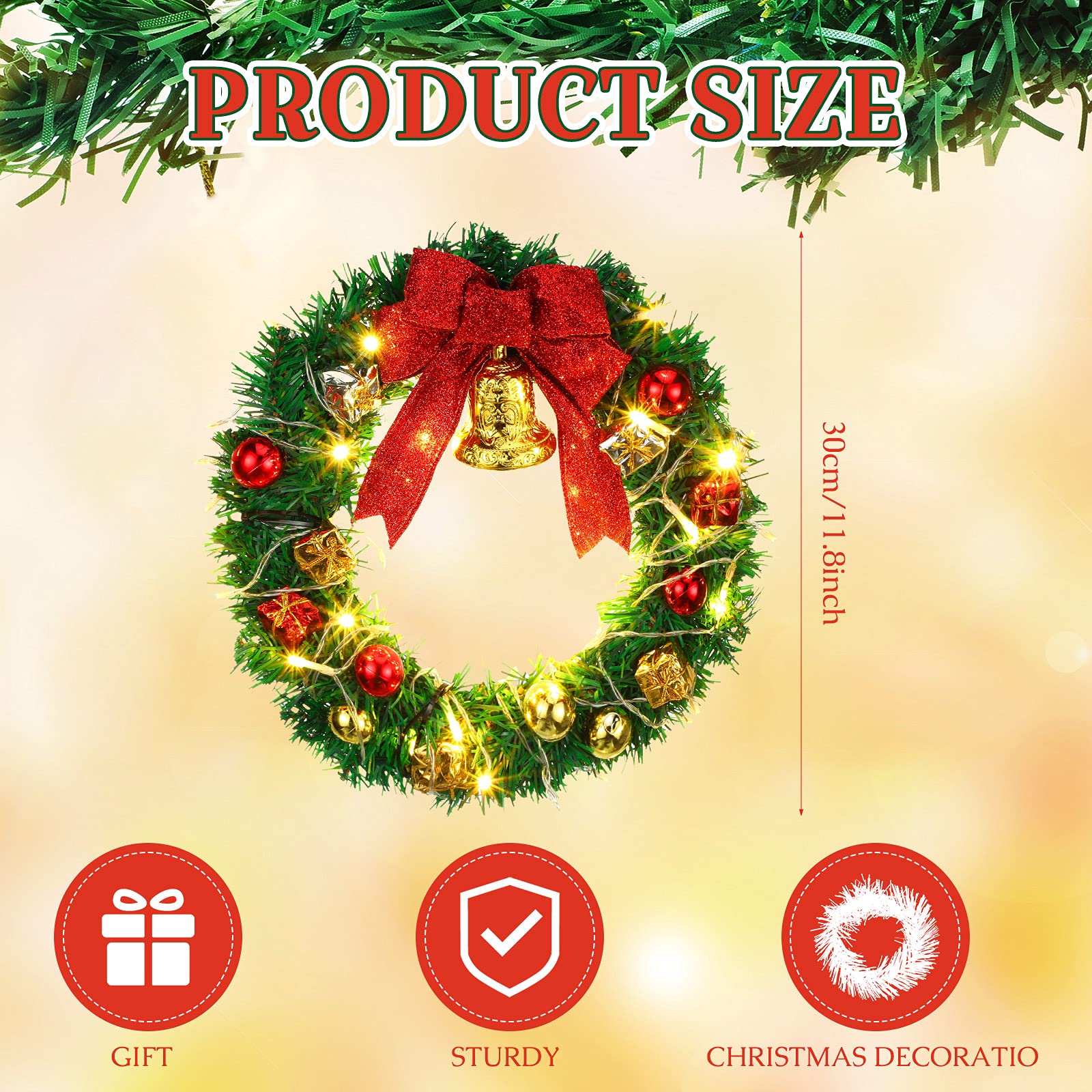 Datanly Christmas Car Wreath Decorative LED Lighted Car Wreath Bell Red Bow Wreath Christmas Decorations for Car Truck SUV Mounting Equipment, 11.8 Inches