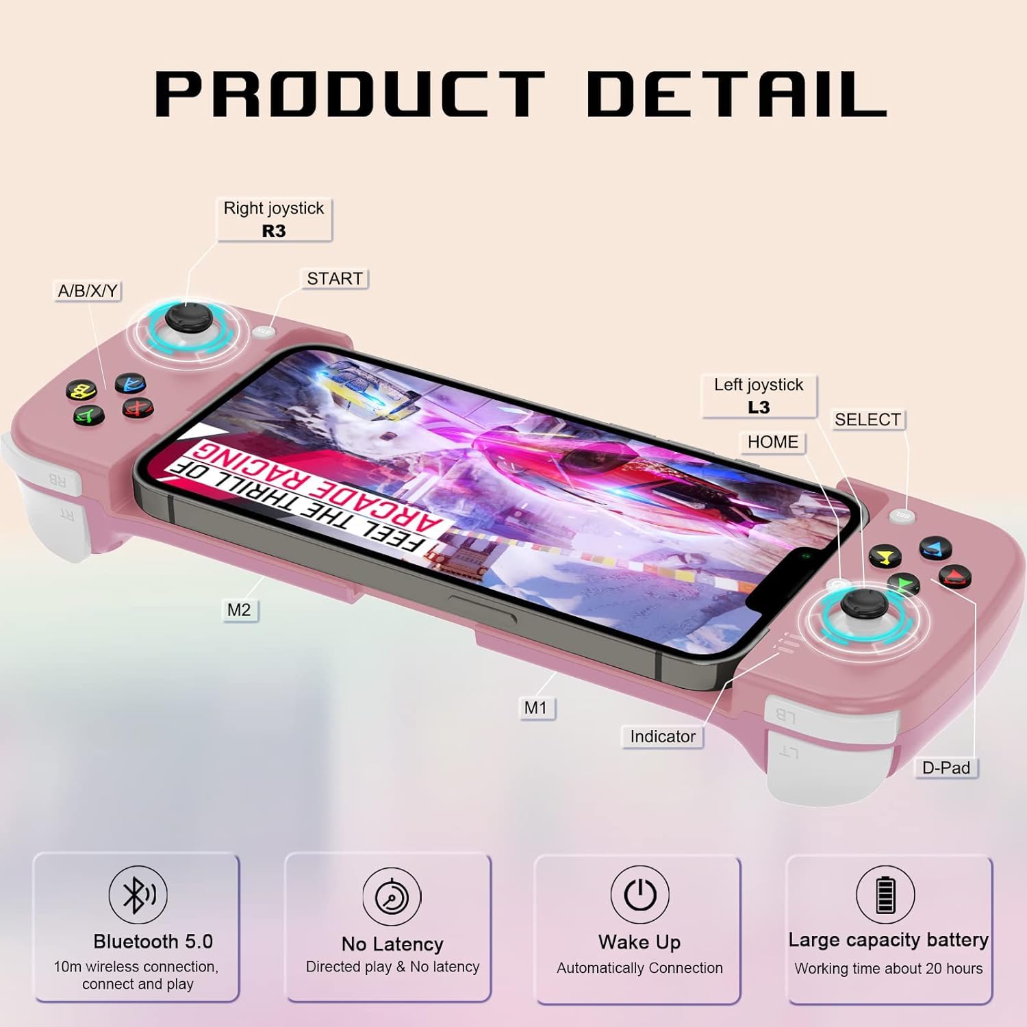 Megadream Mobile Game Controller Gamepad for iPhone iOS Android PC: Works with iPhone 15/14/13/12/11/X, iPad, Samsung Galaxy, TCL, Tablet, Call of Duty, Roblox - Directly Play (Pink)