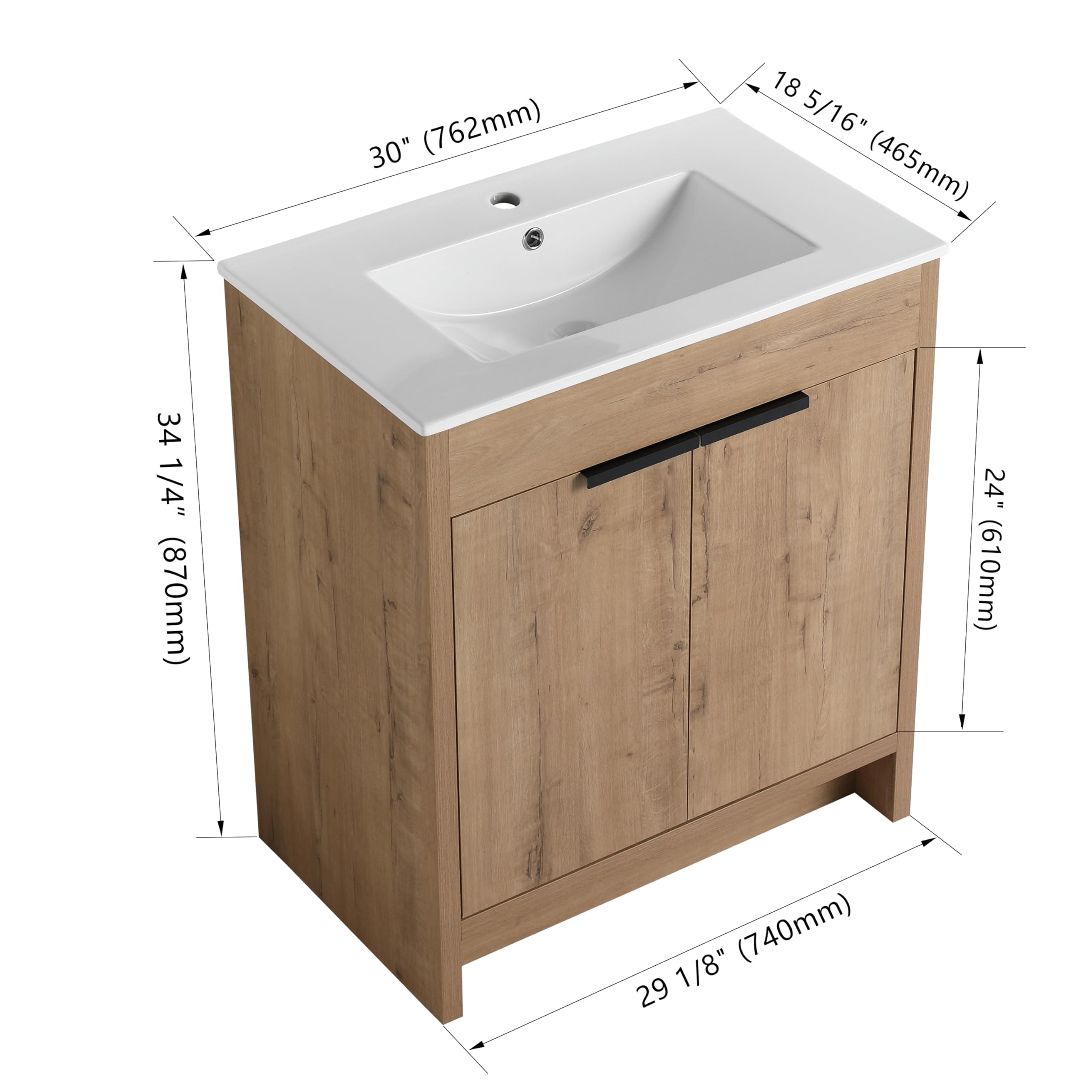 Pvillez 30 inch Bathroom Vanity with Sink Combo, 30" Pedestal Bathroom Vanity Cabinet with Ceramic Basin Sink Top & Soft Close Door, Freestanding Modern Bathroom Vanity for Small Space, Imitative Oak