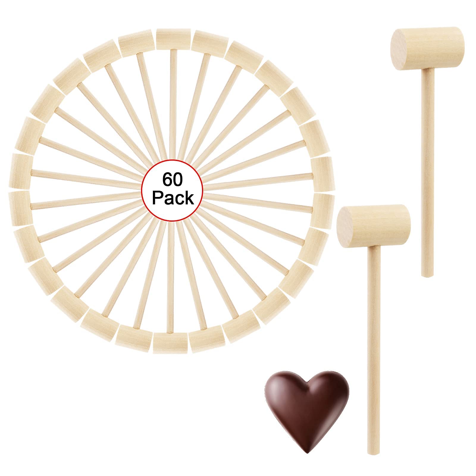 DEAYOU 60 PCS Mini Wooden Hammers Mallets, Crab Mallet Wood Hammer for Chocolate, Breakable Hearts, Small Multi-Purpose Hardwood Cracking Tool Beating Gavel for Lobster, Seafood, Shellfish, Crafts