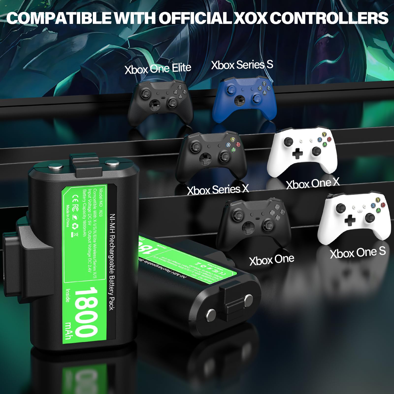 Rechargeable Xbox Controller Battery Pack,2x4800mWh(2x1800mAh) Batteries Pack for Xbox Series S|X/Xbox One S/One X/One Elite,Xbox Battery Charger with USB-C Cable,Xbox Accessories with 4 Cover(2 Pack)