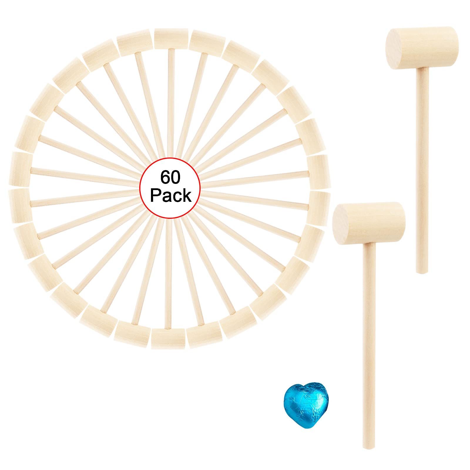 DEAYOU 60 PCS Mini Wooden Hammers Mallets, Crab Mallet Wood Hammer for Chocolate, Breakable Hearts, Small Multi-Purpose Hardwood Cracking Tool Beating Gavel for Lobster, Seafood, Shellfish, Crafts