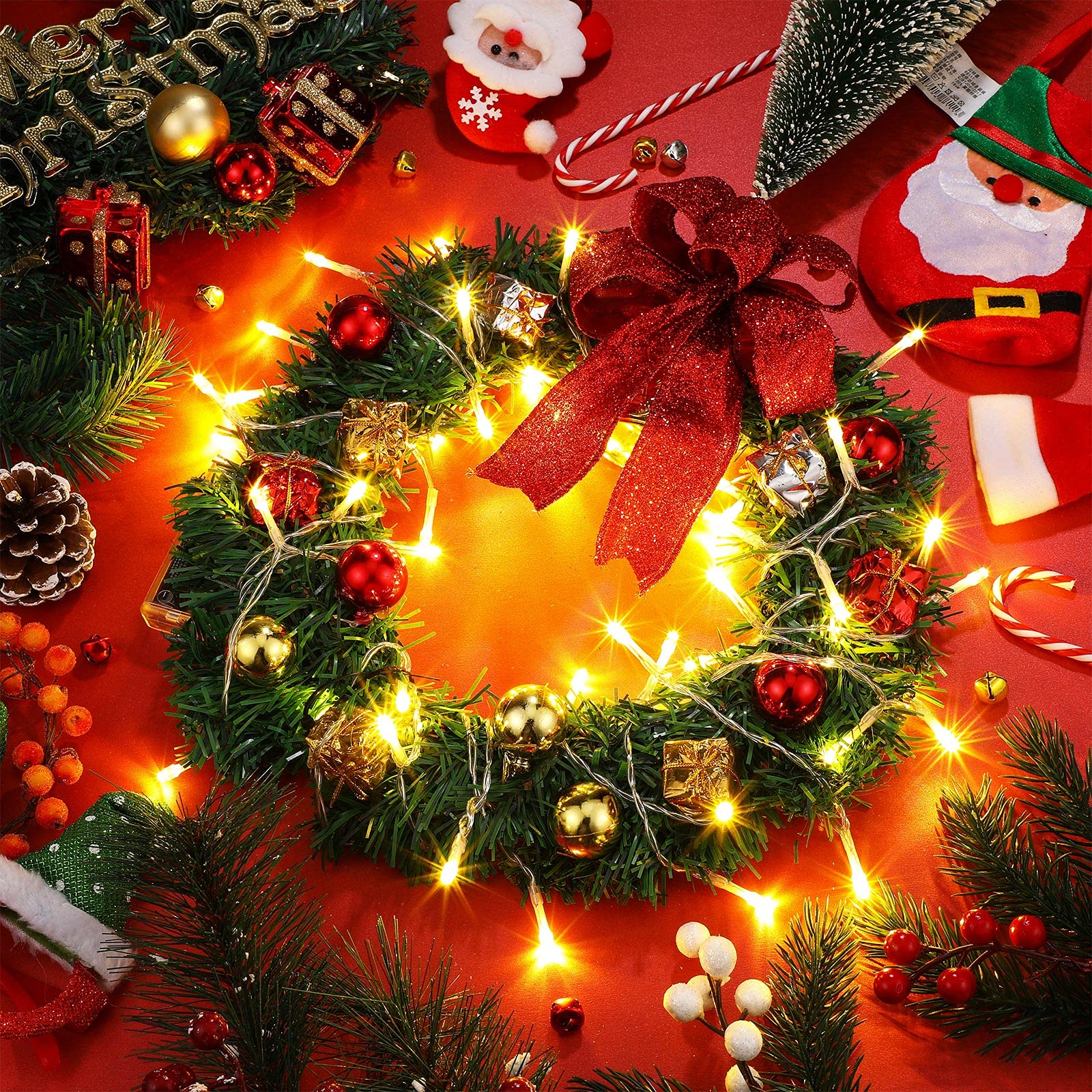 Datanly Christmas Car Wreath Decorative LED Lighted Car Wreath Bell Red Bow Wreath Christmas Decorations for Car Truck SUV Mounting Equipment, 11.8 Inches