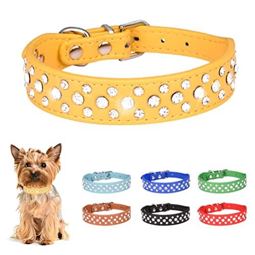 Hotlion Bling Diamond Dog Collar Cute Sparkly Crystal Rhinestone Cat Collars Adjustable Soft PU Leather Fancy Glitter Kitten Puppy Pet Collar for Small Medium Dogs Cats Yellow XXS