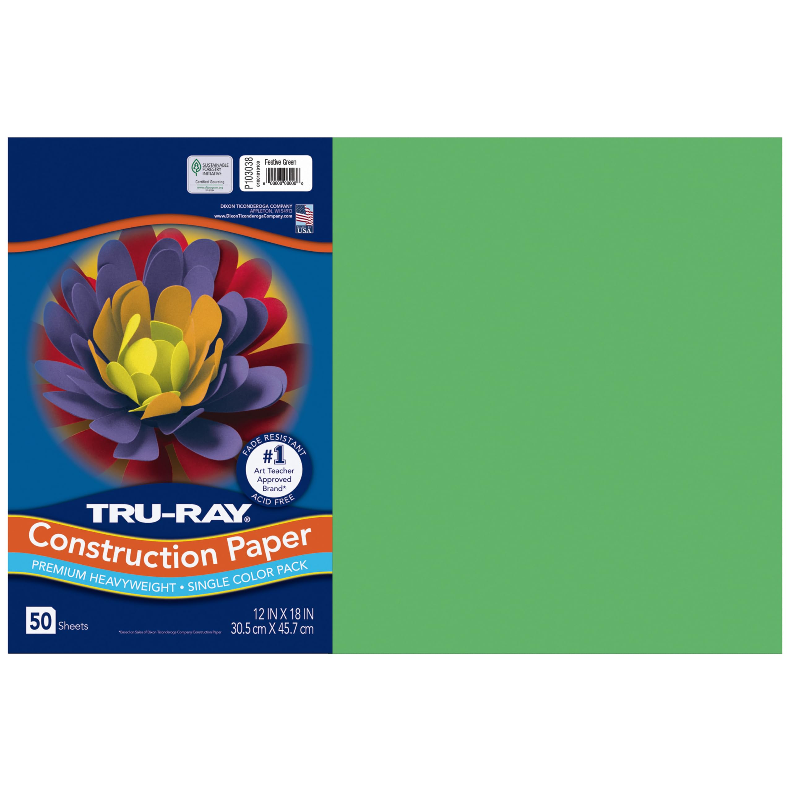 Pacon Tru-Ray Heavyweight Construction Paper, Festive Green, 12" x 18", 50 Sheets