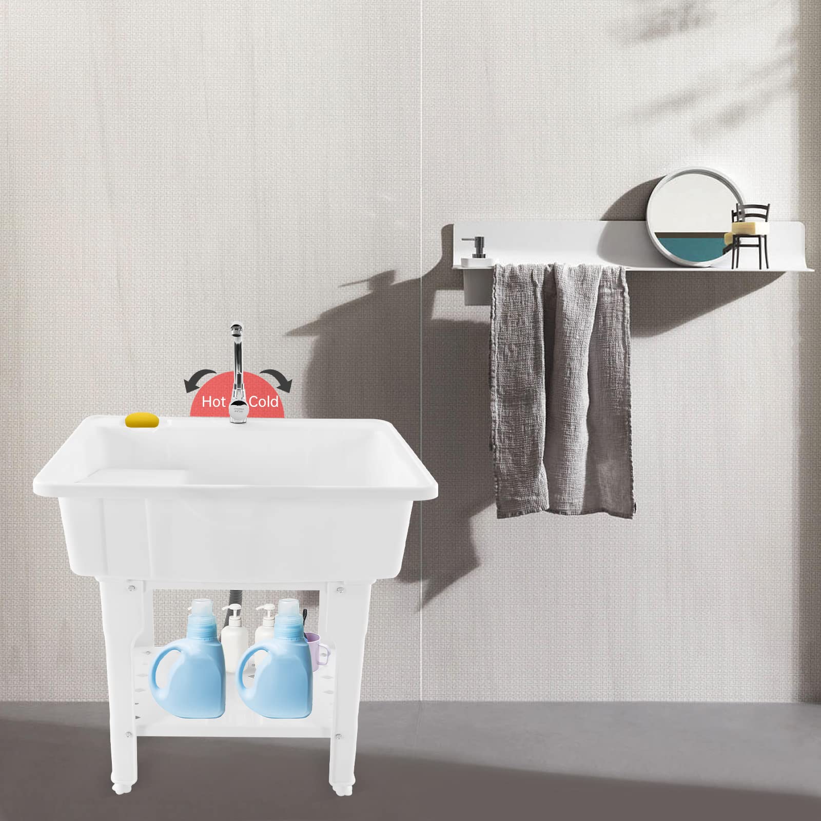 Freestanding Plastic Laundry Sink with Washboard, W31.5" × D22" × H31.5" Indoor and Outdoor Utility Sink with Cold and Hot Water Faucet, Hoses and Drain Kit for Laundry Room, Garage, Basement, Garden