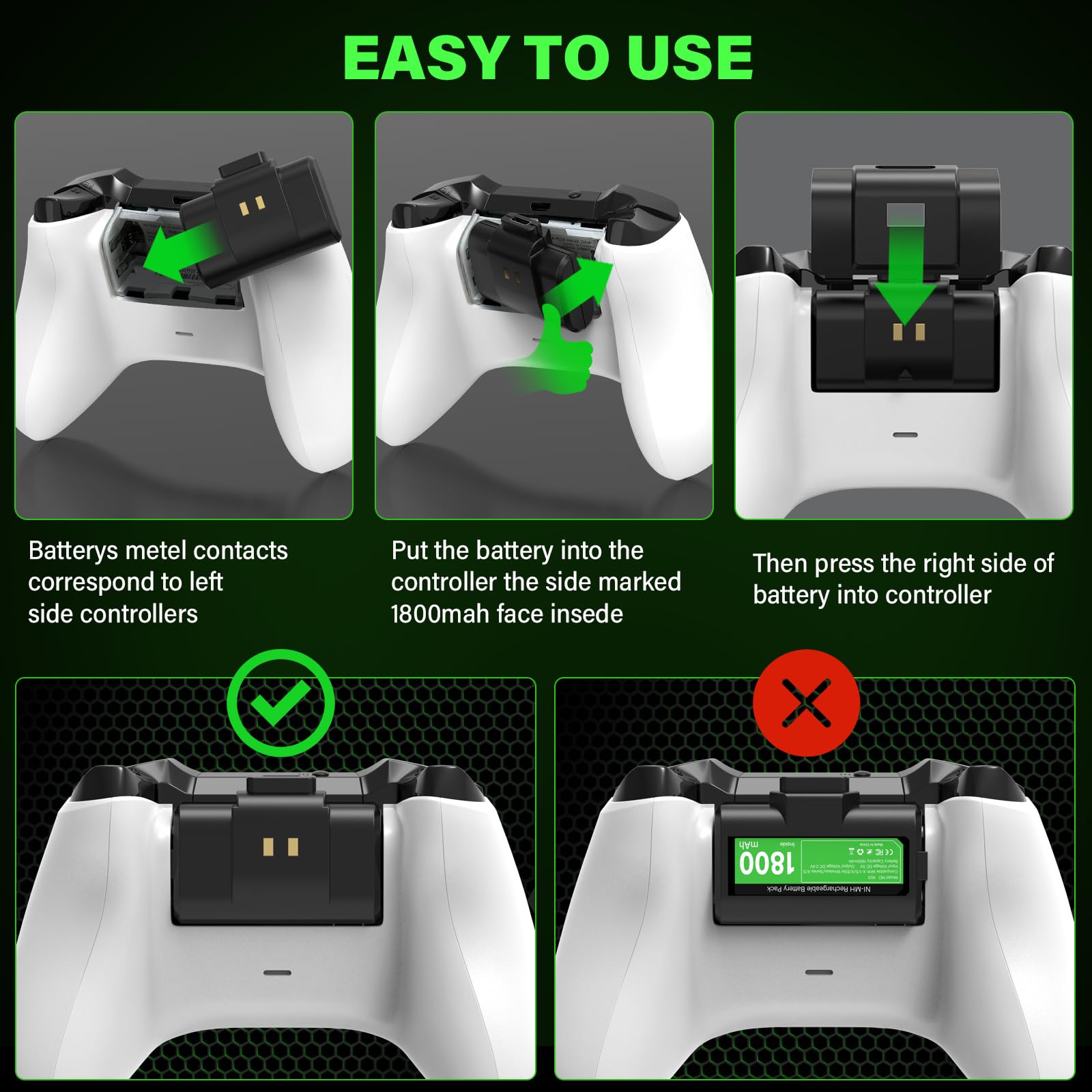 Rechargeable Xbox Controller Battery Pack,2x4800mWh(2x1800mAh) Batteries Pack for Xbox Series S|X/Xbox One S/One X/One Elite,Xbox Battery Charger with USB-C Cable,Xbox Accessories with 4 Cover(2 Pack)