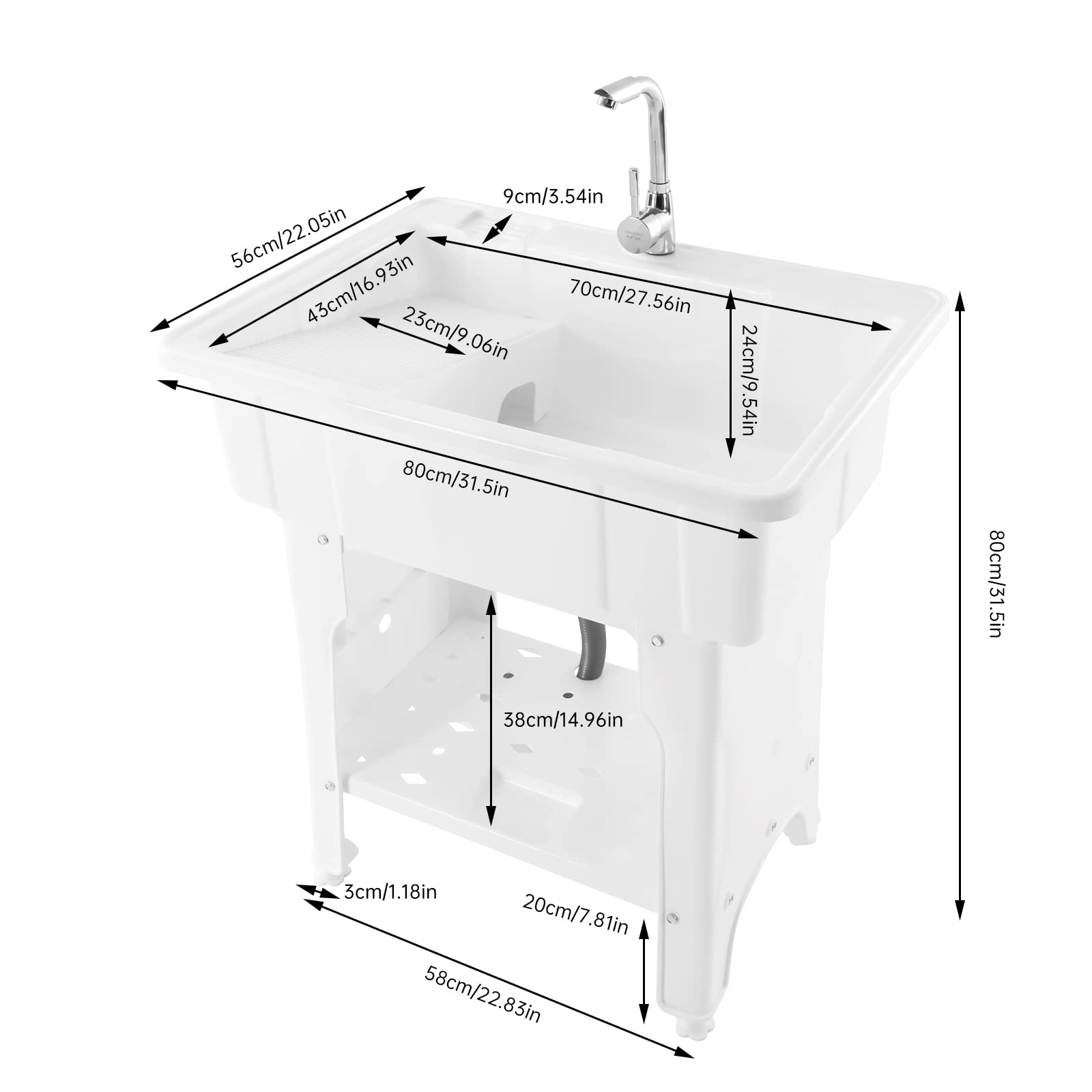 Freestanding Plastic Laundry Sink with Washboard, W31.5" × D22" × H31.5" Indoor and Outdoor Utility Sink with Cold and Hot Water Faucet, Hoses and Drain Kit for Laundry Room, Garage, Basement, Garden