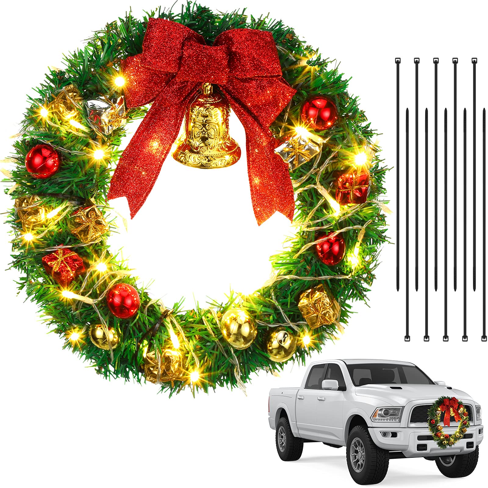 Datanly Christmas Car Wreath Decorative LED Lighted Car Wreath Bell Red Bow Wreath Christmas Decorations for Car Truck SUV Mounting Equipment, 11.8 Inches