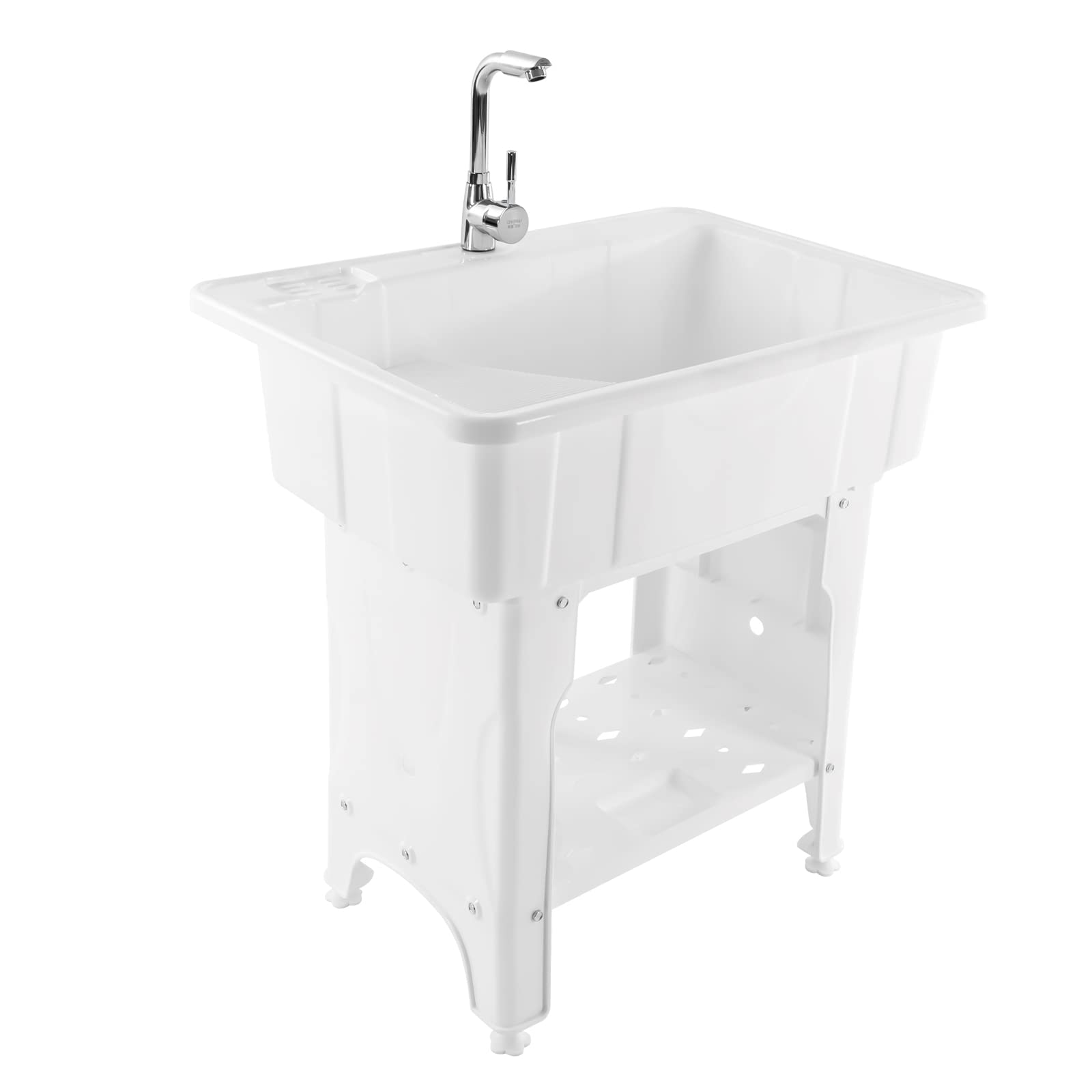 Freestanding Plastic Laundry Sink with Washboard, W31.5" Γ D22" Γ H31.5" Indoor and Outdoor Utility Sink with Cold and Hot Water Faucet, Hoses and Drain Kit for Laundry Room, Garage, Basement, Garden