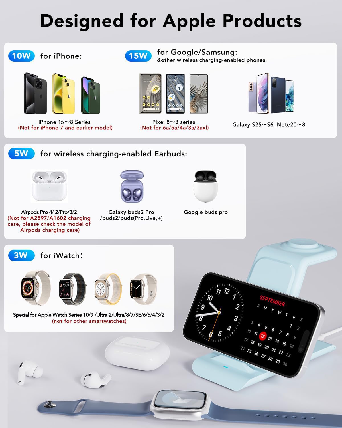 HATALKIN 3 in 1 Wireless Charging Station Compatible for Apple Products Multiple Devices Charger for Apple Watch Ultra 9 8 7 SE 6 5 4 AirPods Pro iPhone 15 14 13 12 13 Pro Max/X/XS Fast Charger Stand