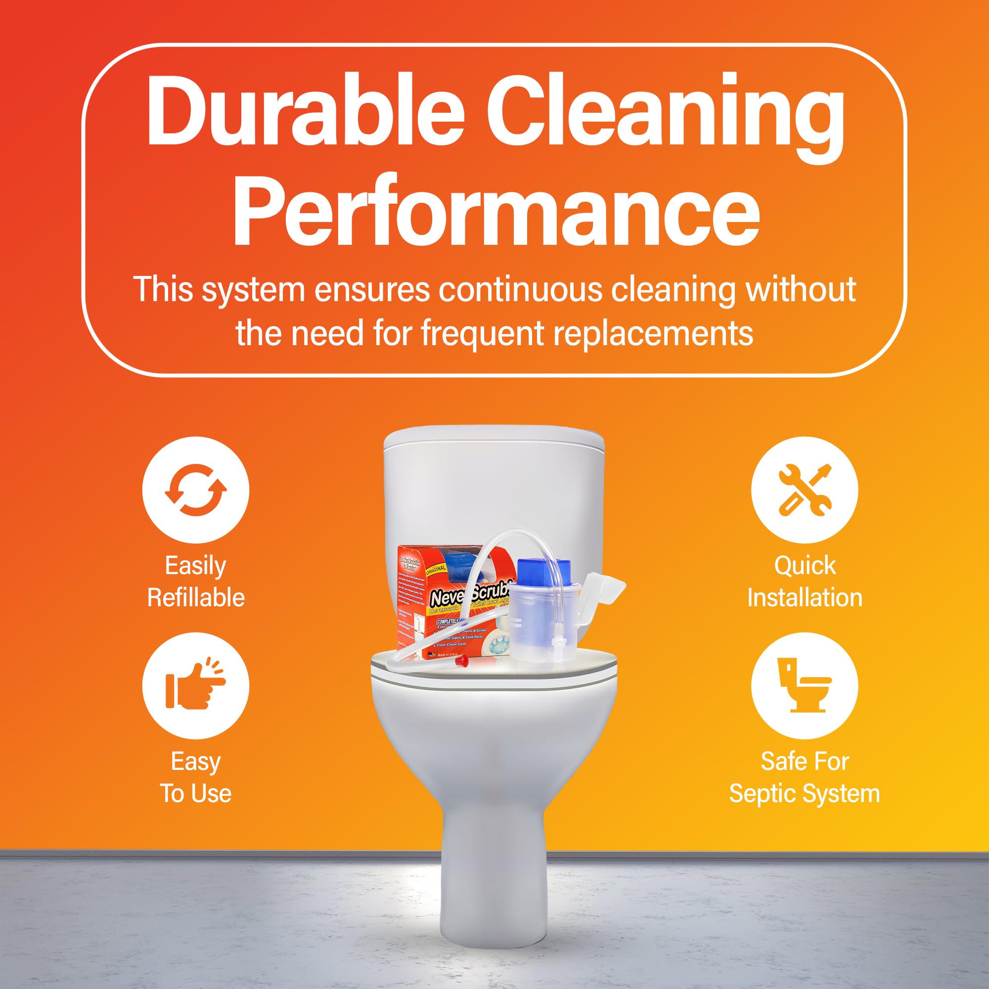 NeverScrub! Self Cleaning Toilet System - Automatic Toilet Bowl Cleaner with Starter Cartridge, Lasts Up 3 Months Continuous Cleaning - Refillable Toilet Bowl Cleaner for Stains, Rings, and Odor