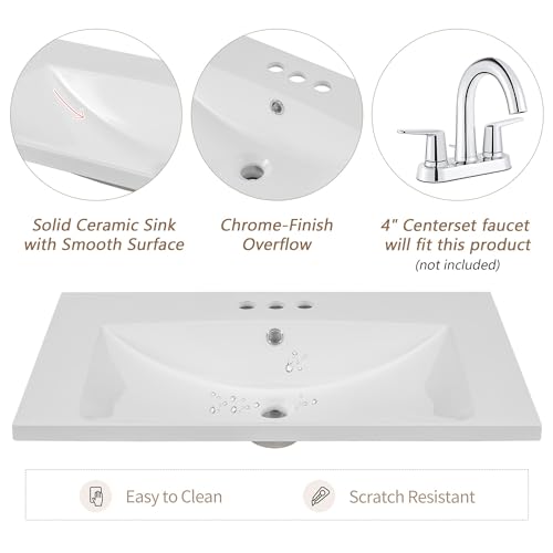 PIETFIU 30" Bathroom Vanity with Ceramic Sink Set,Storage Cabinet and Adjustable Shelf,Solid Wood Frame (White, 30 Inch)