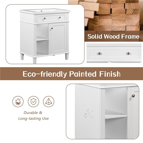 PIETFIU 30" Bathroom Vanity with Ceramic Sink Set,Storage Cabinet and Adjustable Shelf,Solid Wood Frame (White, 30 Inch)