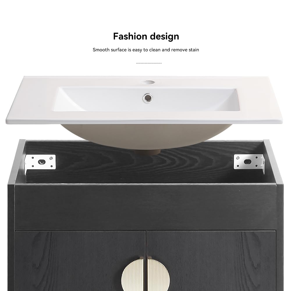 NOTOP 30" Bathroom Vanity with White Ceramic Sink Comb, Modern Freestanding Solid Wood Cabinet Set,Included Two Soft Close Doors with Black Zinc Alloy Handles & A Lower Open Shelf, 30IN