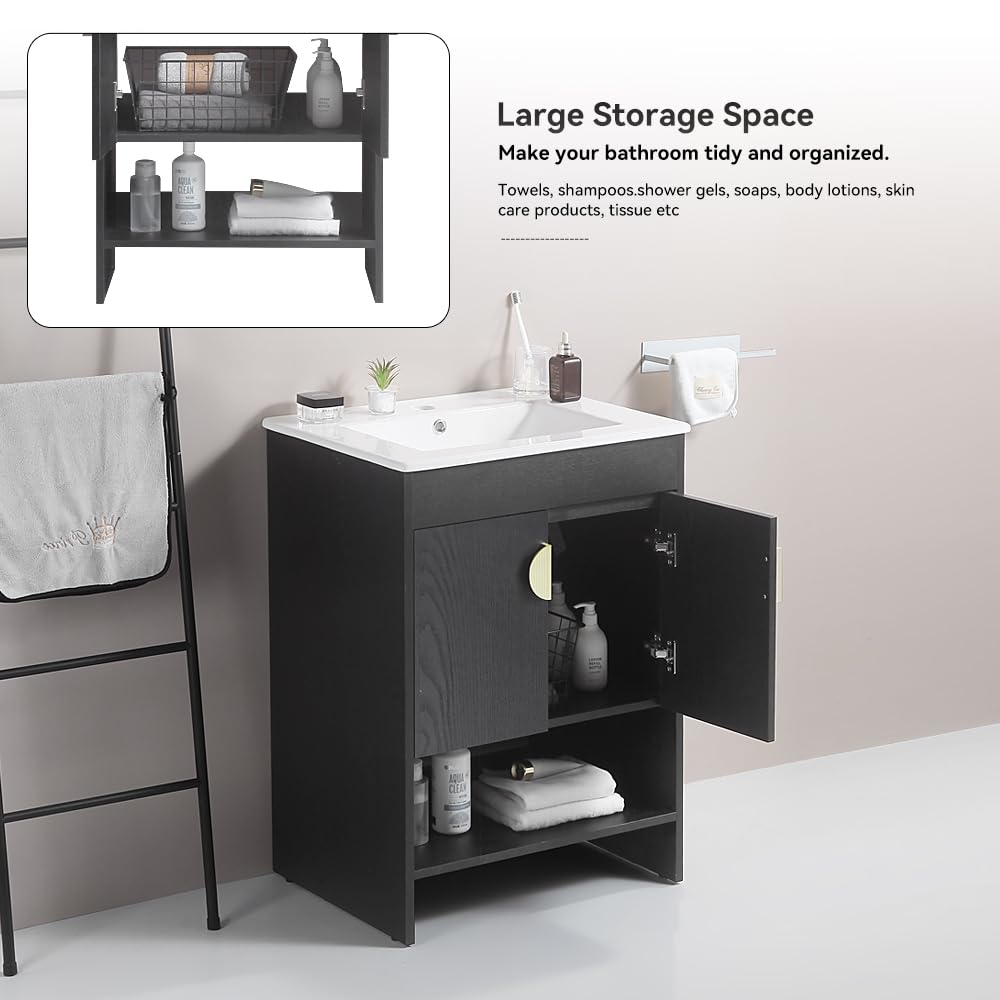 NOTOP 30" Bathroom Vanity with White Ceramic Sink Comb, Modern Freestanding Solid Wood Cabinet Set,Included Two Soft Close Doors with Black Zinc Alloy Handles & A Lower Open Shelf, 30IN