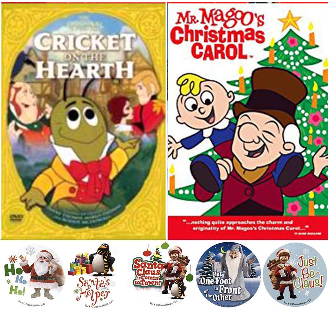 Tale of Classic Christmas Animated Holiday Movie Set Dicken's Cricket on the Hearth + Mr.Magoo's Carol & Charming Retro Stickers