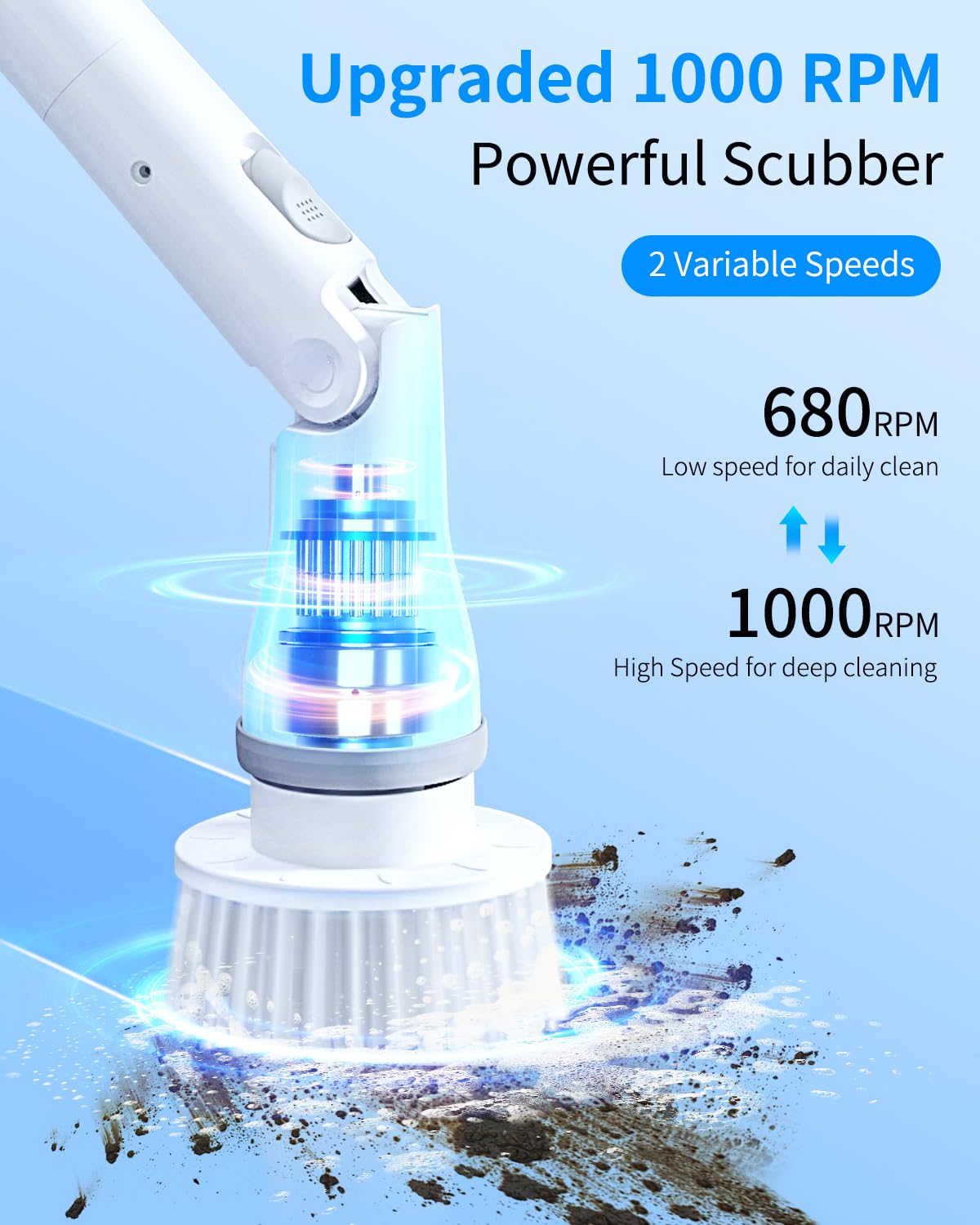 Electric Spin Scrubber, 1000RPM Cordless Extension Shower Cleaning Brush, 4 Replaceable Heads, DS-268B Electric Power Scrubber 49-inch Handheld Cleaner for Bathroom, Toilet, Tile Floors and Tub
