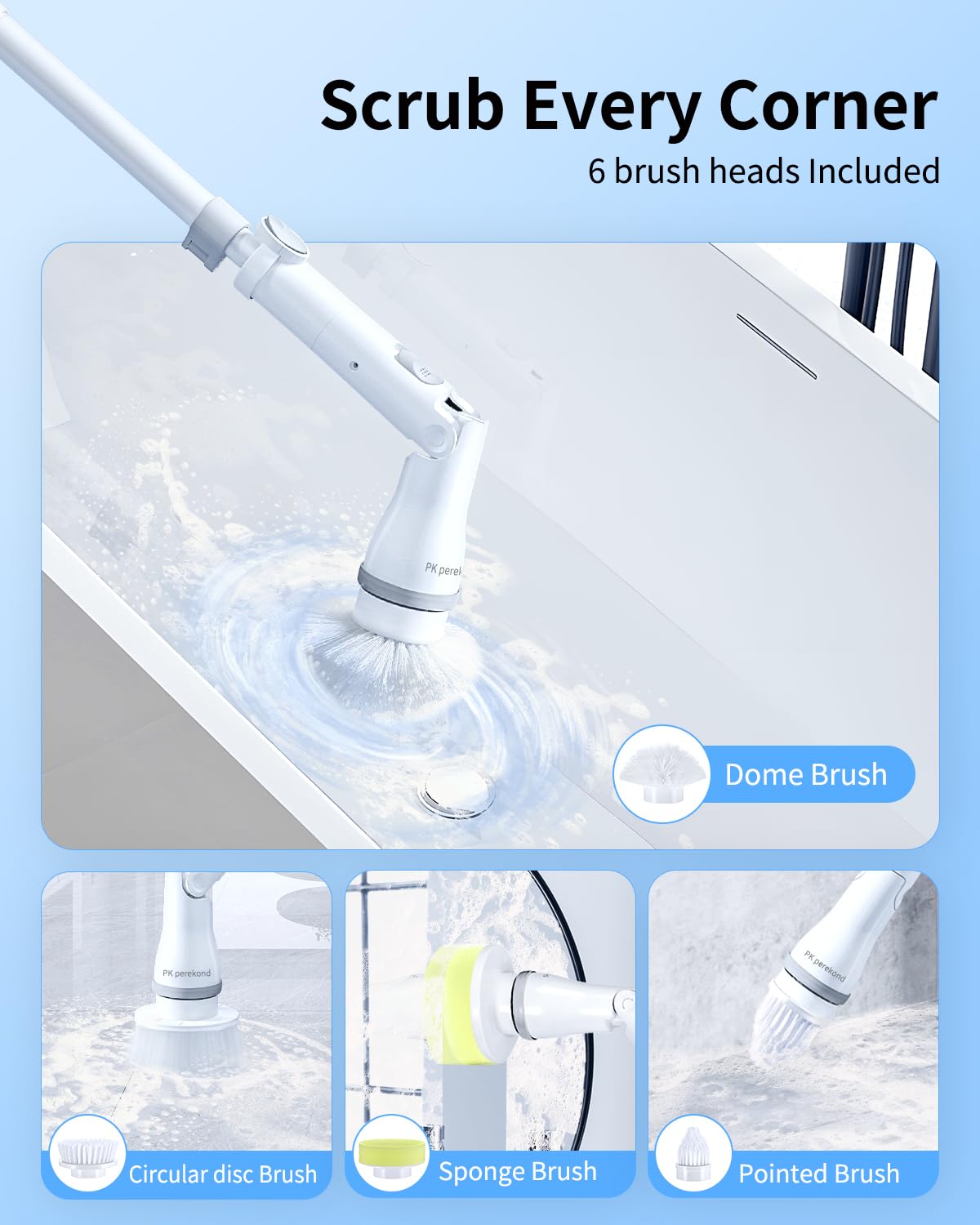 Electric Spin Scrubber, 1000RPM Cordless Extension Shower Cleaning Brush, 4 Replaceable Heads, DS-268B Electric Power Scrubber 49-inch Handheld Cleaner for Bathroom, Toilet, Tile Floors and Tub
