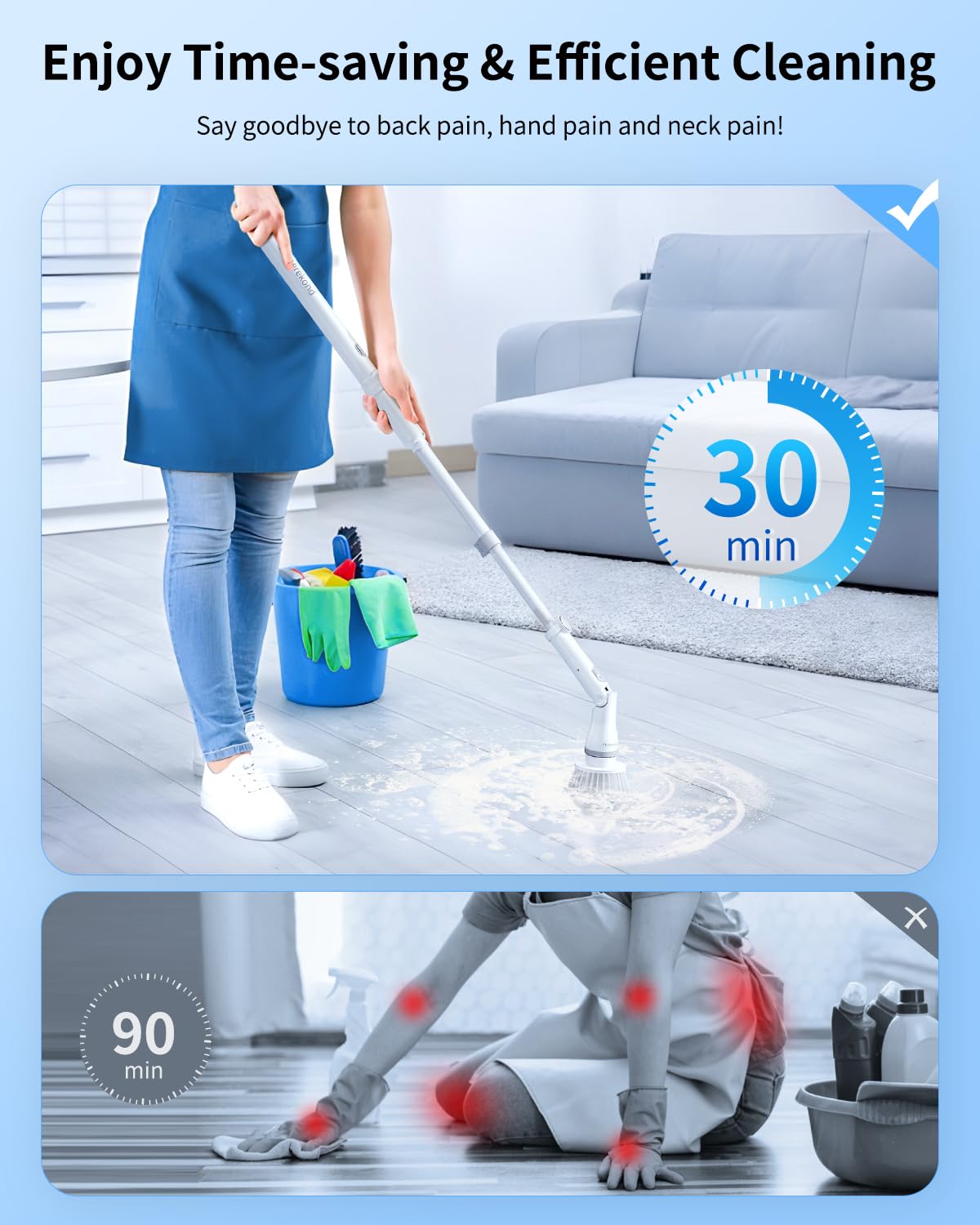 Electric Spin Scrubber, 1000RPM Cordless Extension Shower Cleaning Brush, 4 Replaceable Heads, DS-268B Electric Power Scrubber 49-inch Handheld Cleaner for Bathroom, Toilet, Tile Floors and Tub