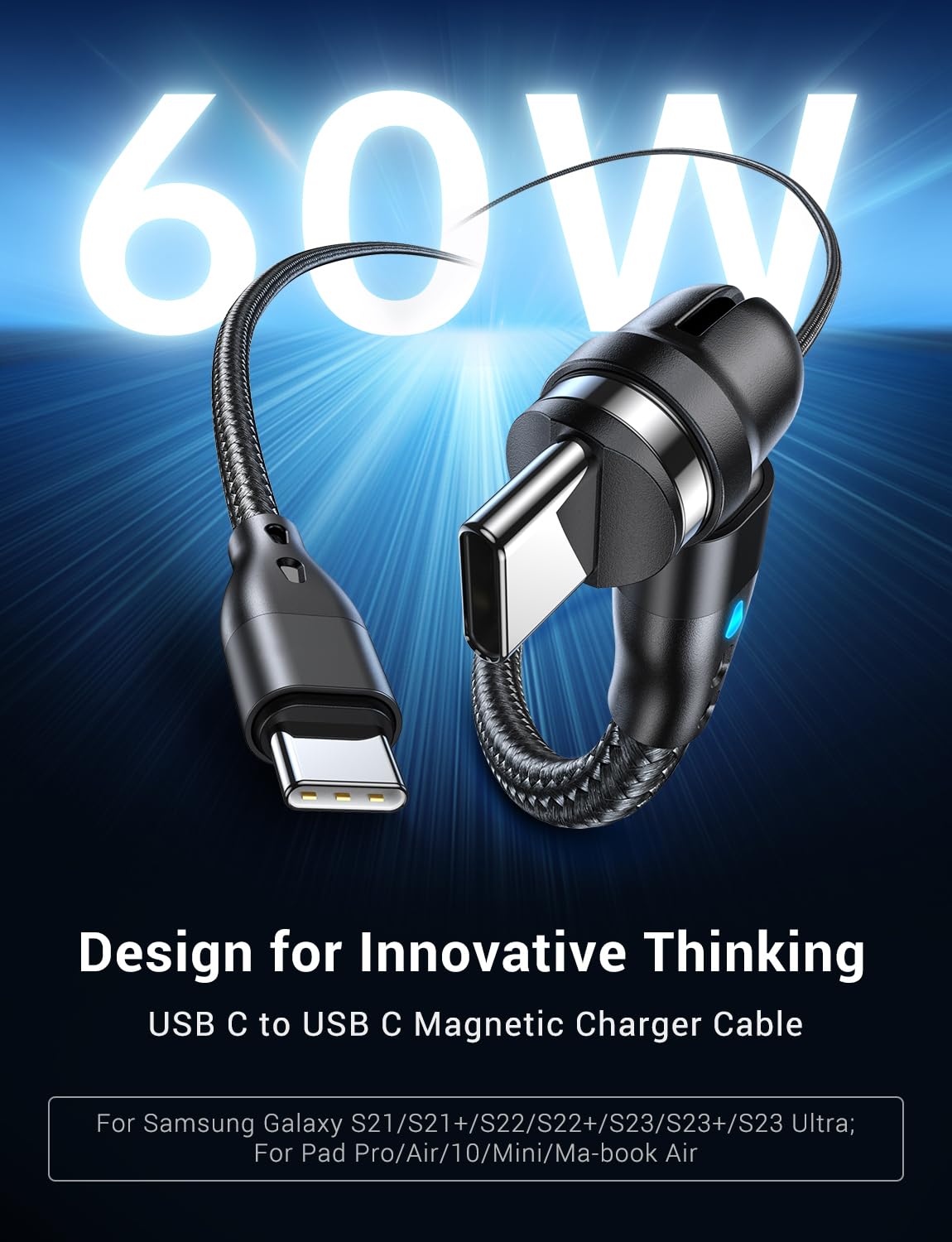 Magnetic USB C to USB C Cable 60W(3A) (2Pack, 3.3/6.6ft), 360°&180° Rotating Magnetic Charging Cable/Magnetic Phone Charger Cable/USB C Charging Cable-Data Transfer for Type C/Micro USB/i-Product