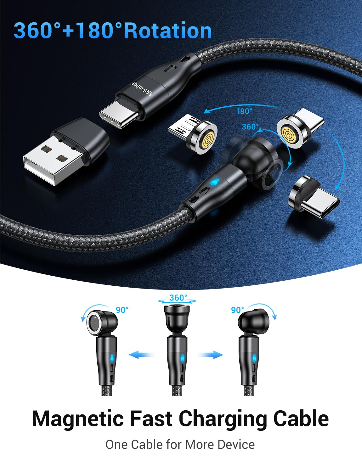 Magnetic USB C to USB C Cable 60W(3A) (2Pack, 3.3/6.6ft), 360°&180° Rotating Magnetic Charging Cable/Magnetic Phone Charger Cable/USB C Charging Cable-Data Transfer for Type C/Micro USB/i-Product
