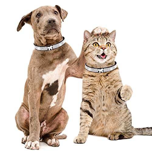 Bling Rhinestone Dog Cat Collar Adjustable Leather Dog Cat Rhinestone Collar for Small Medium Large Dogs(XXS 10"-L 20") Black