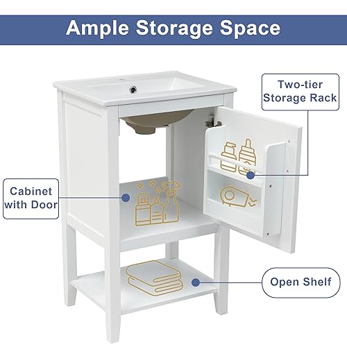 Lifeand 20" Vanity with Sink, Bathroom Cabinet with Soft Closing Door, Storage Rack and Open Shelf, White