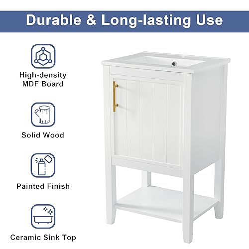 Lifeand 20" Vanity with Sink, Bathroom Cabinet with Soft Closing Door, Storage Rack and Open Shelf, White