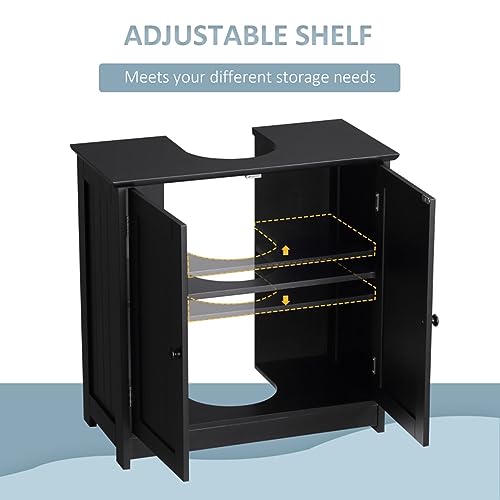 Bathroom Under Sink Vanity Cabinet Free Standing Pedestal Sink Storage Cabinet with 2-Door and Shelves Wood Under Sink Space Saver Organizer (Contemporary-Black)