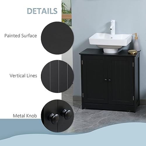 Bathroom Under Sink Vanity Cabinet Free Standing Pedestal Sink Storage Cabinet with 2-Door and Shelves Wood Under Sink Space Saver Organizer (Contemporary-Black)