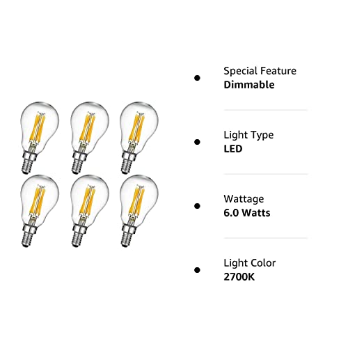 LiteHistory E12 led Bulb dimmable 6W Equal e12 Candelabra Bulb 60 watt A15 LED Bulb for Ceiling Fan,Chandeliers,Wall sconces Warm White 2700K 600LM AC120V Clear 6Pack