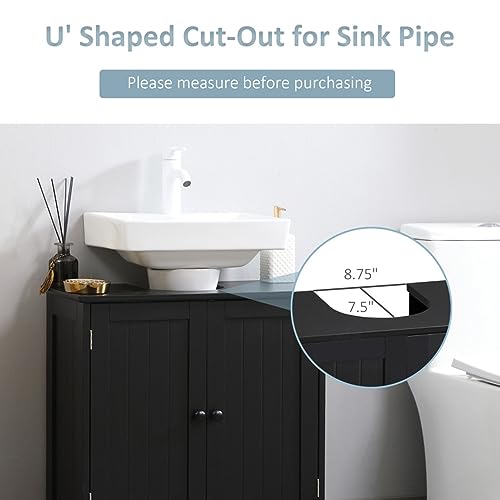 Bathroom Under Sink Vanity Cabinet Free Standing Pedestal Sink Storage Cabinet with 2-Door and Shelves Wood Under Sink Space Saver Organizer (Contemporary-Black)