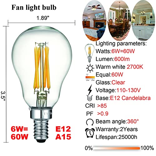 LiteHistory E12 led Bulb dimmable 6W Equal e12 Candelabra Bulb 60 watt A15 LED Bulb for Ceiling Fan,Chandeliers,Wall sconces Warm White 2700K 600LM AC120V Clear 6Pack