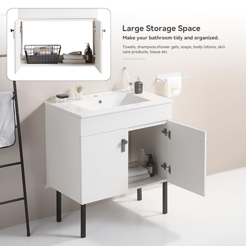 NOTOP 30" Bathroom Vanity with White Ceramic Sink Comb, Modern Freestanding Solid Wood Single Set,Included Two Soft Close Cabinet Doors,Metal Legs, 25IN