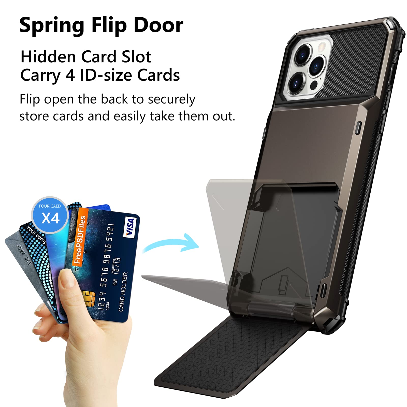 Vofolen for iPhone 14 Pro Max Case Wallet Cover 4-Card Credit Card Holder ID Slot Scratch Resistant Dual Layer Hybrid Protective Hard Shell Rugged TPU Bumper Armor Case 6.7 inch Gun