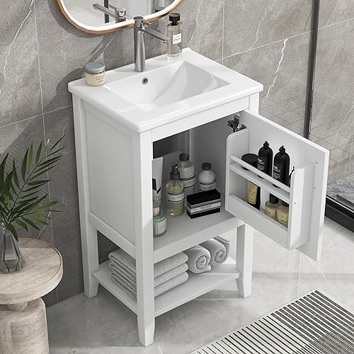 Lifeand 20" Vanity with Sink, Bathroom Cabinet with Soft Closing Door, Storage Rack and Open Shelf, White