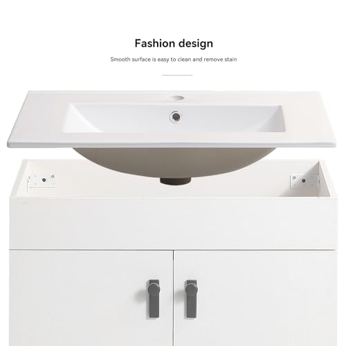 NOTOP 30" Bathroom Vanity with White Ceramic Sink Comb, Modern Freestanding Solid Wood Single Set,Included Two Soft Close Cabinet Doors,Metal Legs, 25IN