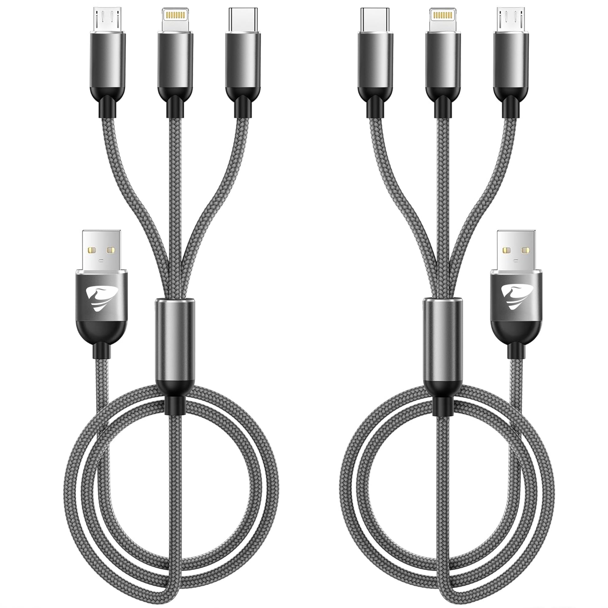 Chargers for Multiple Devices Multi Charging Cable 3 in 1 Multi Fast Charging Cord Nylon Braided USB Cable Adapter IP/Type C/Micro USB Port for Cell Phones Tablets Samsung Galaxy PS & More (Gray)