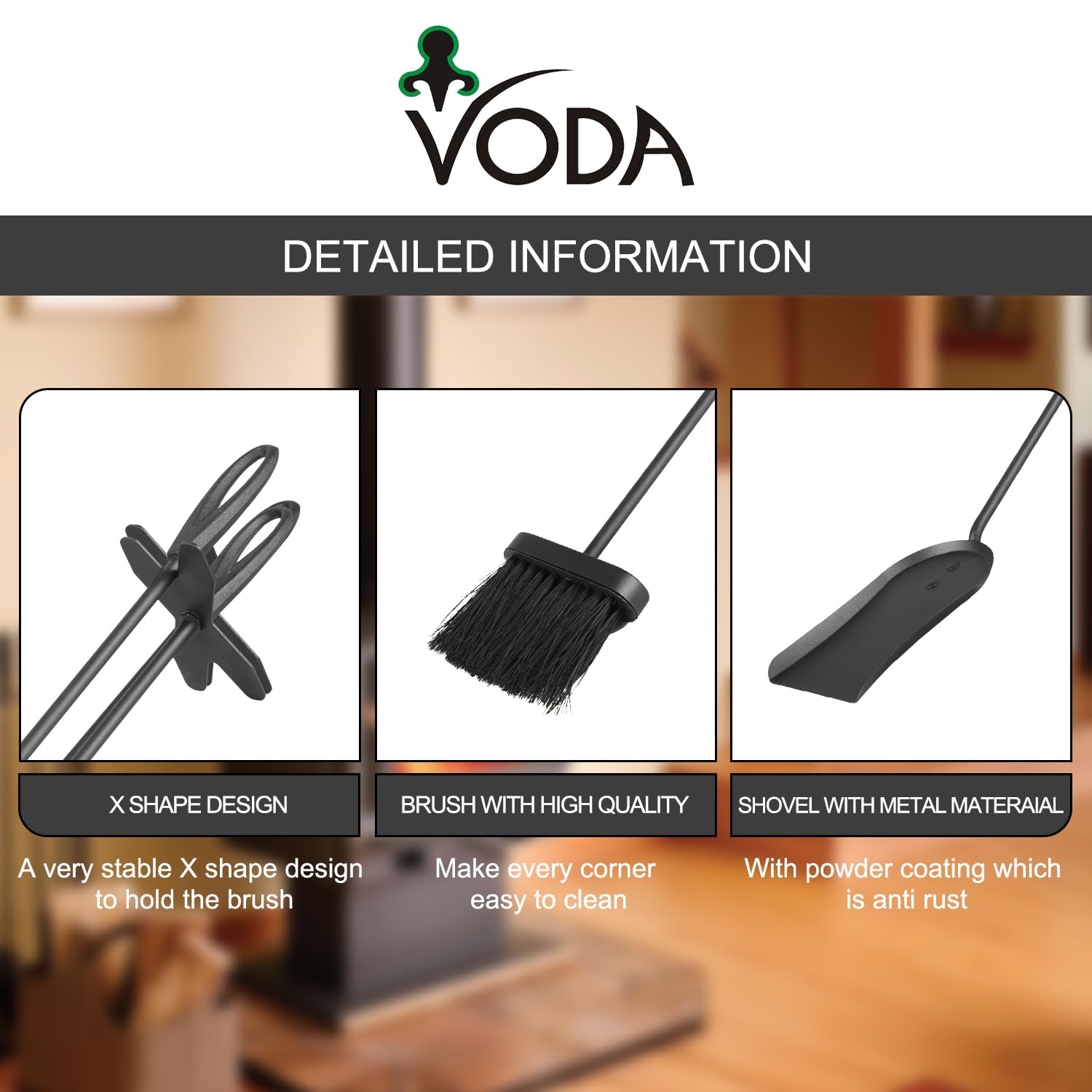 VODA Black Hearth Tidy Set Fireplace Tool Set Coal Shovel Hearth Brush Set Metal Brush Pan Set
