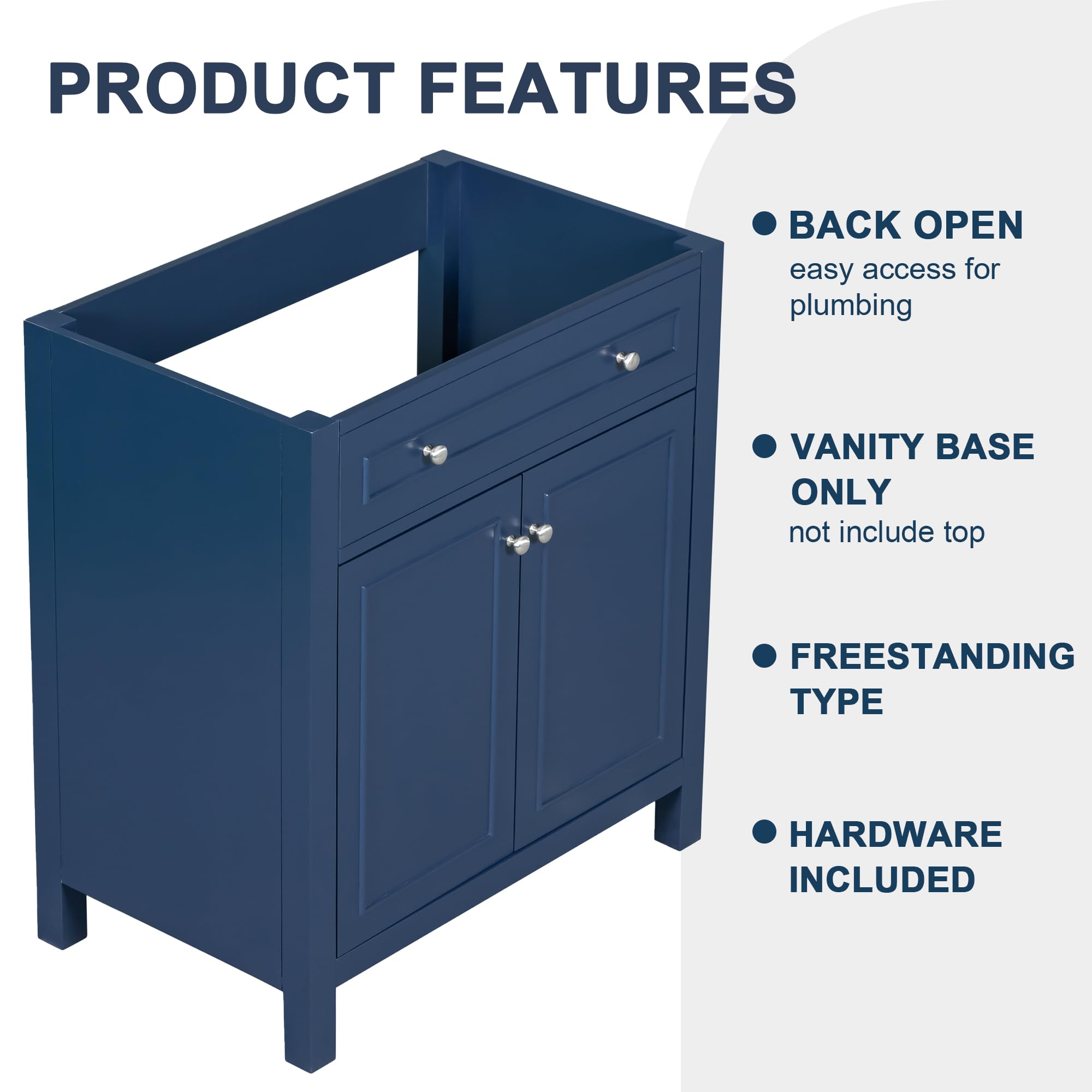 QuixotYDDZ 30" Bathroom Vanity Base Only Without Sink, Bathroom Vanity Cabinet White Bathroom Storage Cabinet with 2 Close Doors and Adjustable Shelf, Solid Wood Frame and MDF Board, Blue