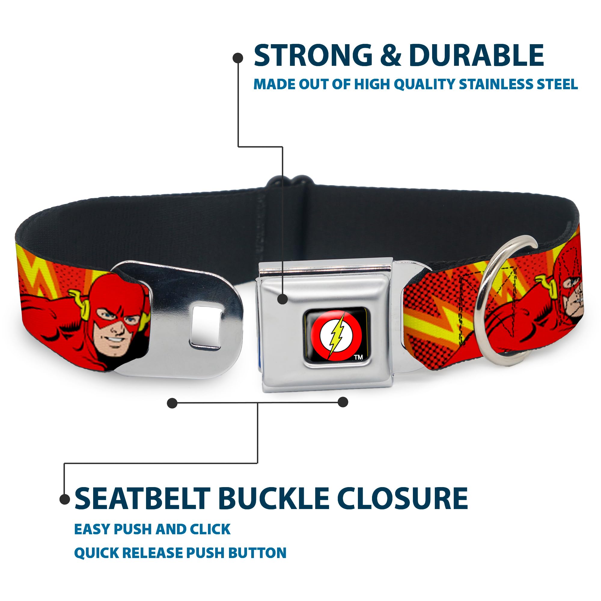 Buckle-Down Dog Collar Seatbelt Buckle The Flash Boom Kaboom, Multi Color, 1.5" Wide - Fits 16-23" Neck - Medium (DC-WFL003-WM)
