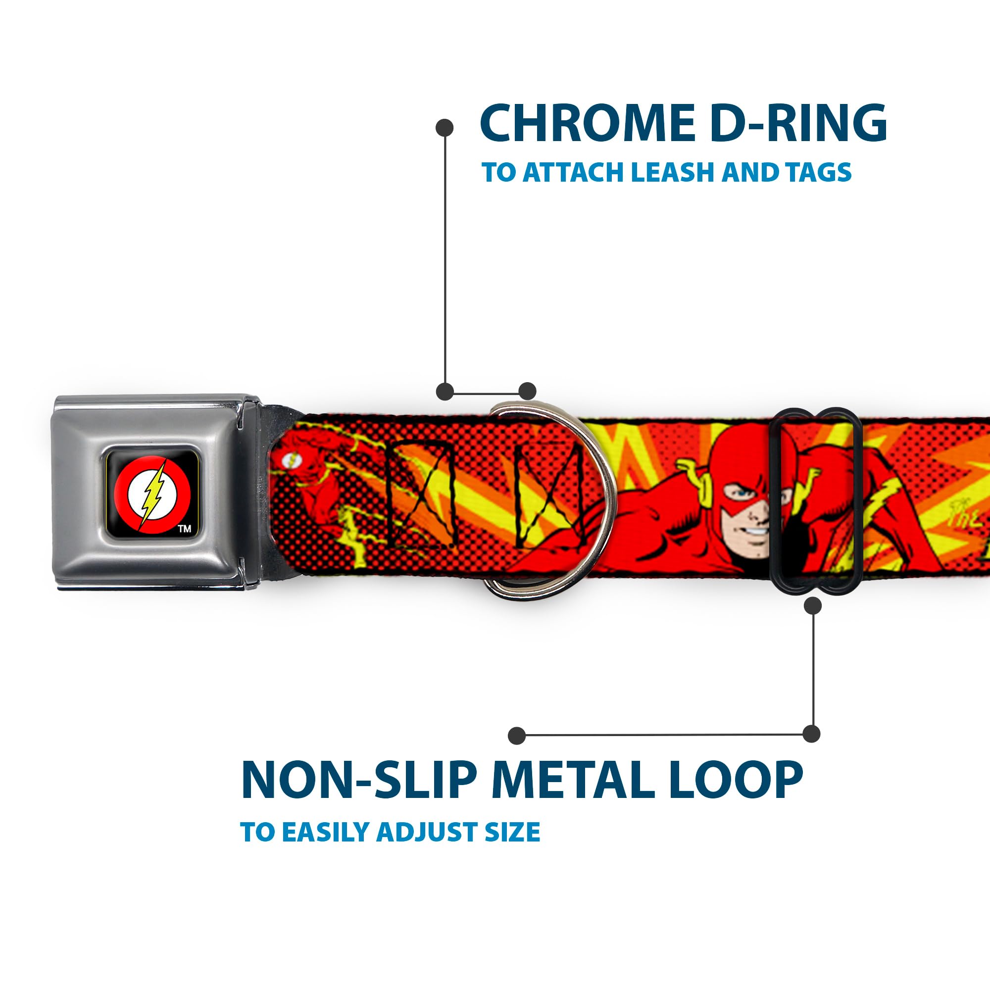 Buckle-Down Dog Collar Seatbelt Buckle The Flash Boom Kaboom, Multi Color, 1.5" Wide - Fits 16-23" Neck - Medium (DC-WFL003-WM)