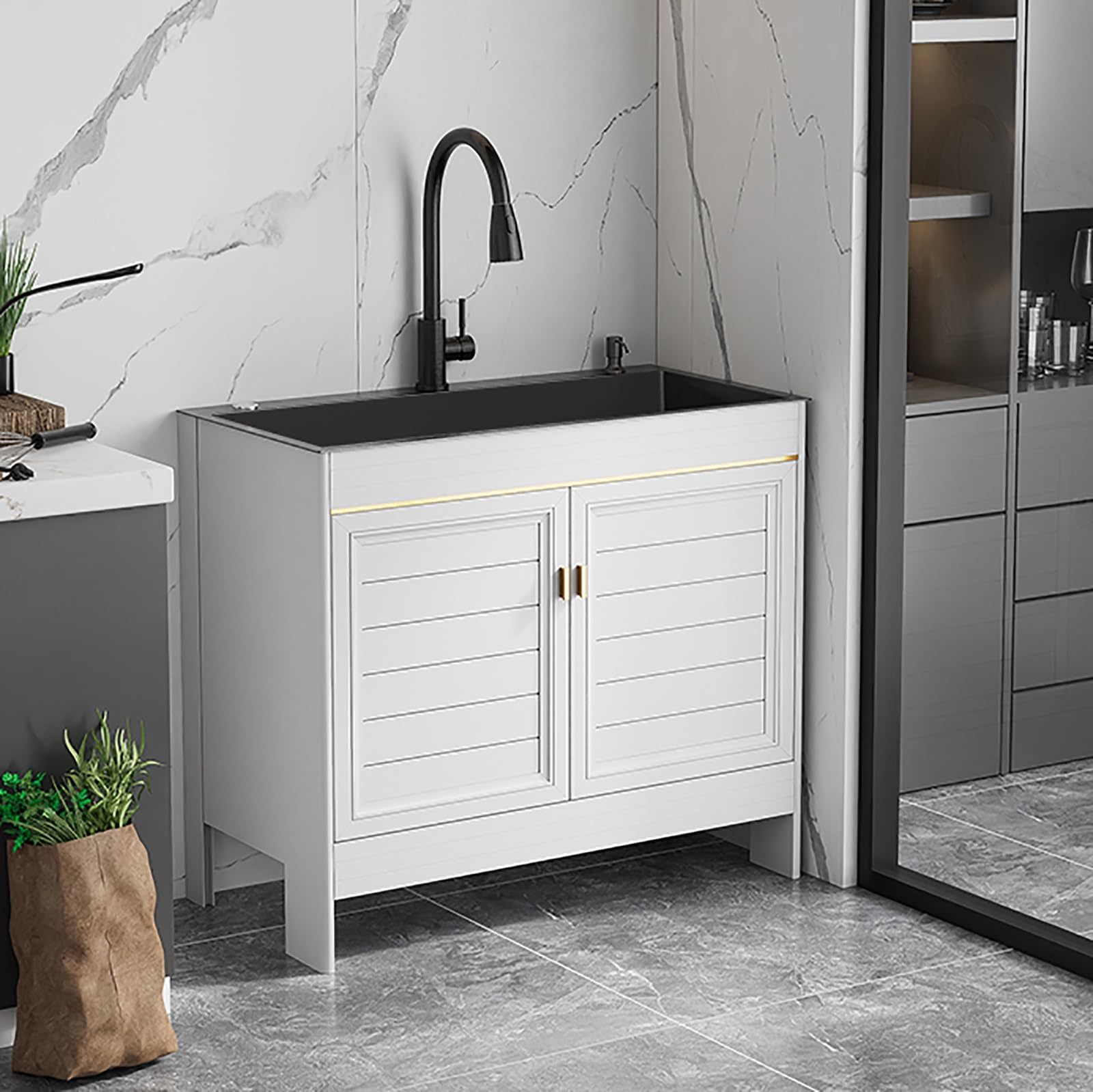 Laundry Utility Sink Laundry Sink with Cabinet Freestanding Kitchen Sink with Faucet and Storage Shelves with Drainer Unit for Garage Restaurant Kitchen Laundry Room Outdoor Indoor. ( Color : Pull fau