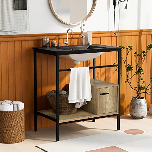 QuixotYDDZ 30" Freestanding Bathroom Vanity with Single Resin Sink, Bathroom Storage Cabinet and Sink Combo, Bathroom Cabinet with Door and Open Shelf for Apartment Dorm, Metal Frame, Black