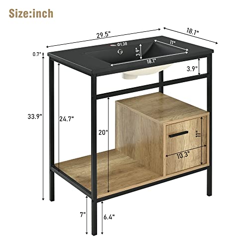 QuixotYDDZ 30" Freestanding Bathroom Vanity with Single Resin Sink, Bathroom Storage Cabinet and Sink Combo, Bathroom Cabinet with Door and Open Shelf for Apartment Dorm, Metal Frame, Black